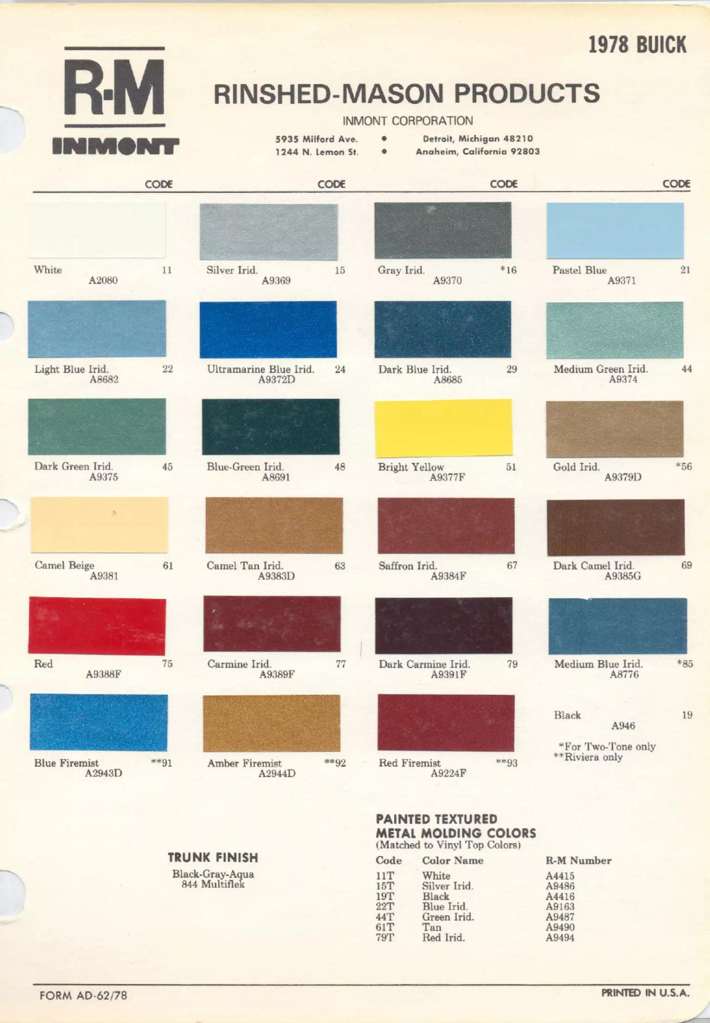 Buick Paint Codes Color Charts Buick Paint Codes Color Charts