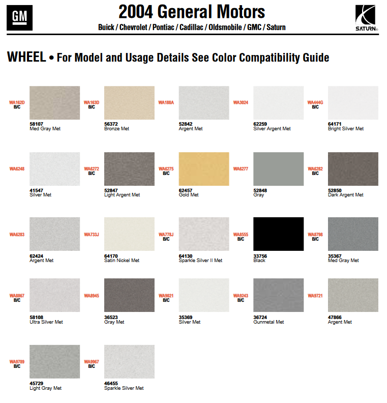 Gm Wheel Paint Codes Paint Codes Color Charts